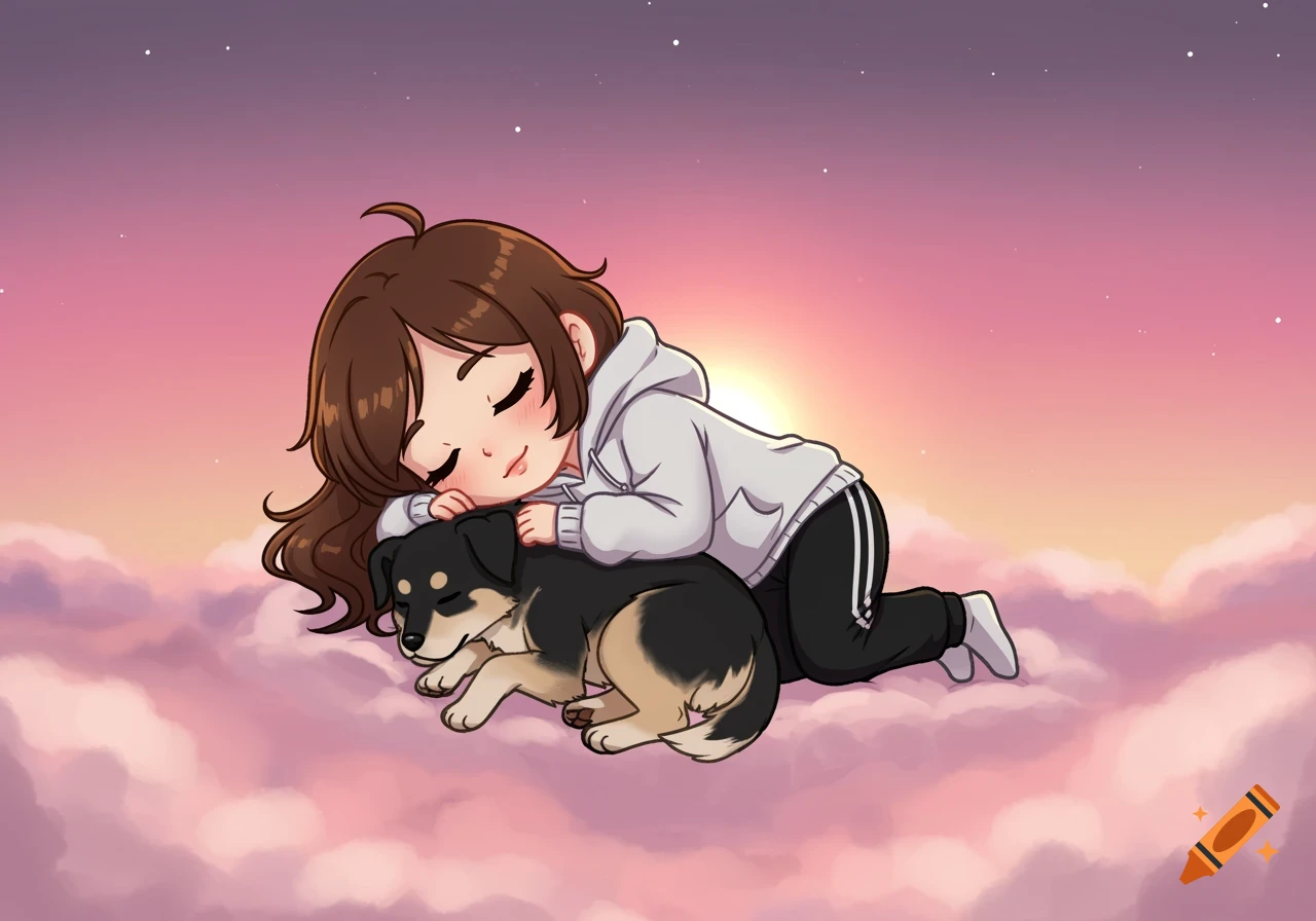 Chibi girl sleeping on a cloud with dog on Craiyon