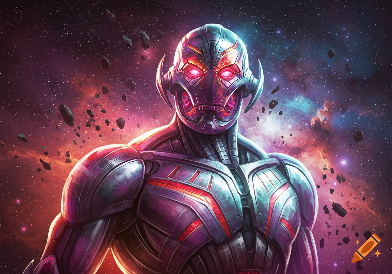 A metallic robot with glowing red eyes in a cosmic setting. on Craiyon