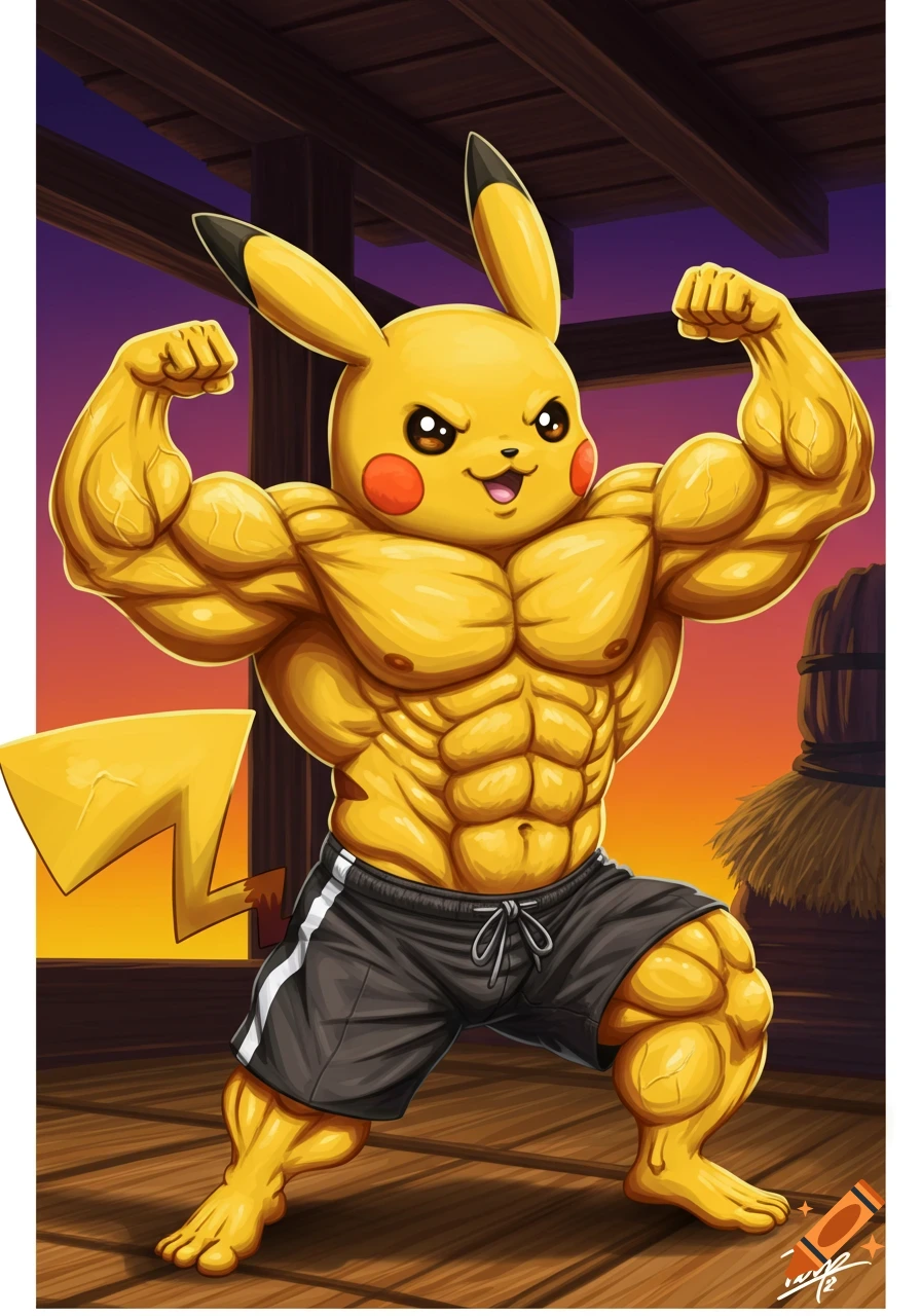 Muscular Pikachu flexing in furry art style, full-length portrait on ...