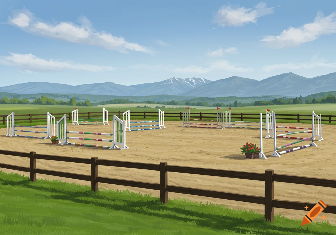 Horse riding ring with colorful jumps and mountain backdrop on Craiyon