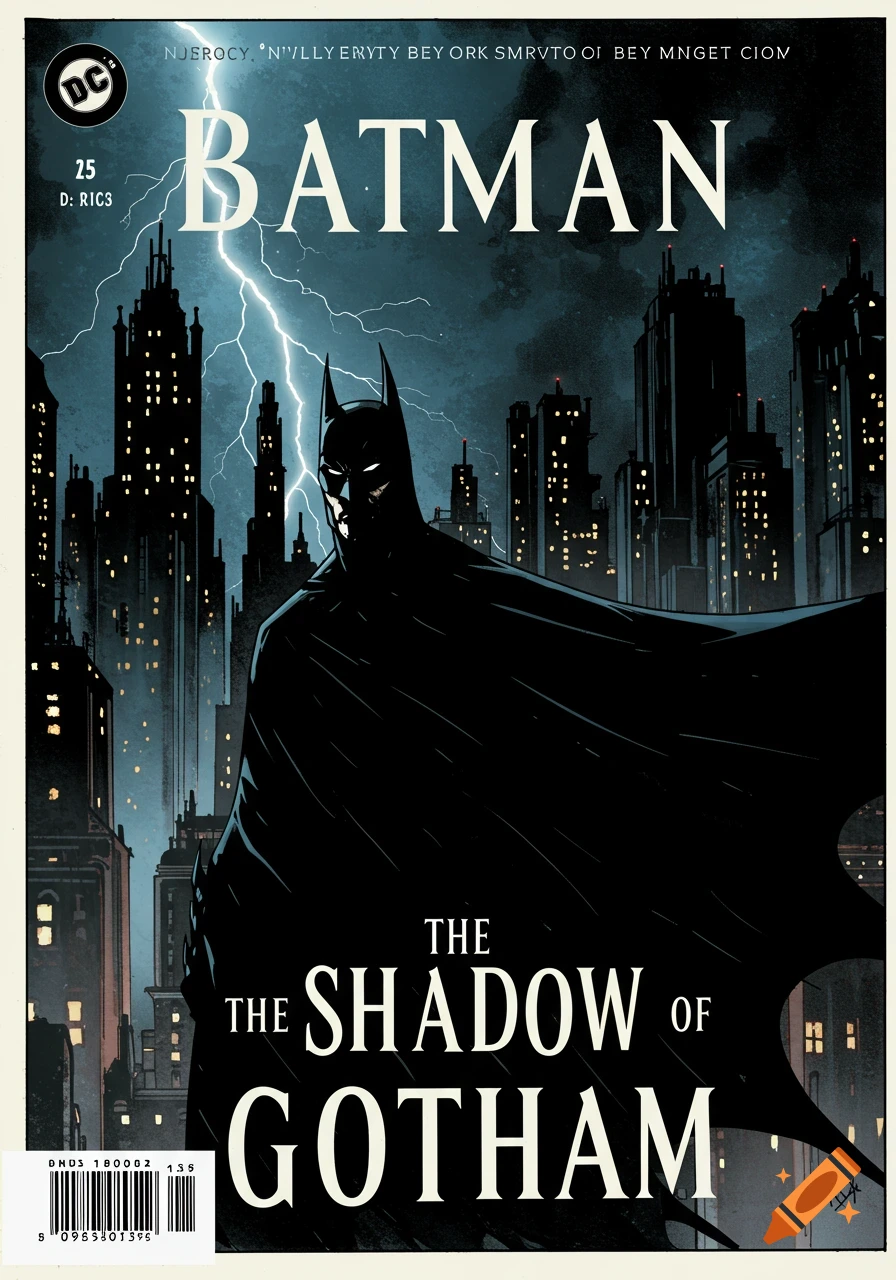 A comic book cover shows Batman in a cape standing before a dark ...