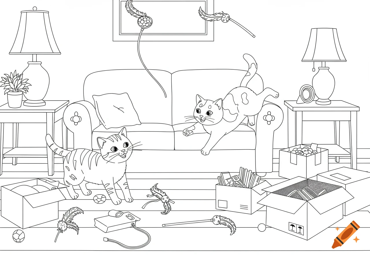 Coloring page of two cats playing with toys in a living room. on Craiyon