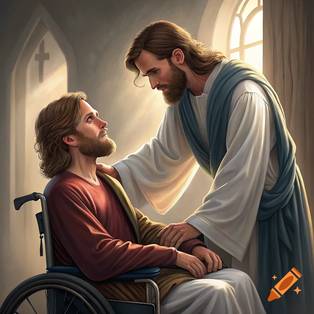 Jesus puts his hand on the shoulder of a man in a wheelchair in a ...