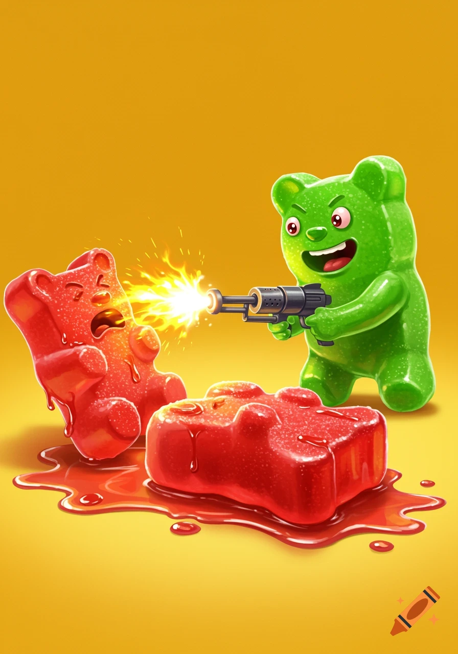 Cartoon image of a green gummy bear shooting a melting red gummy bear with a gun. on Craiyon