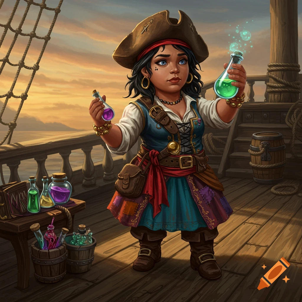A small pirate potion maker is holding vials on a ship deck. on Craiyon