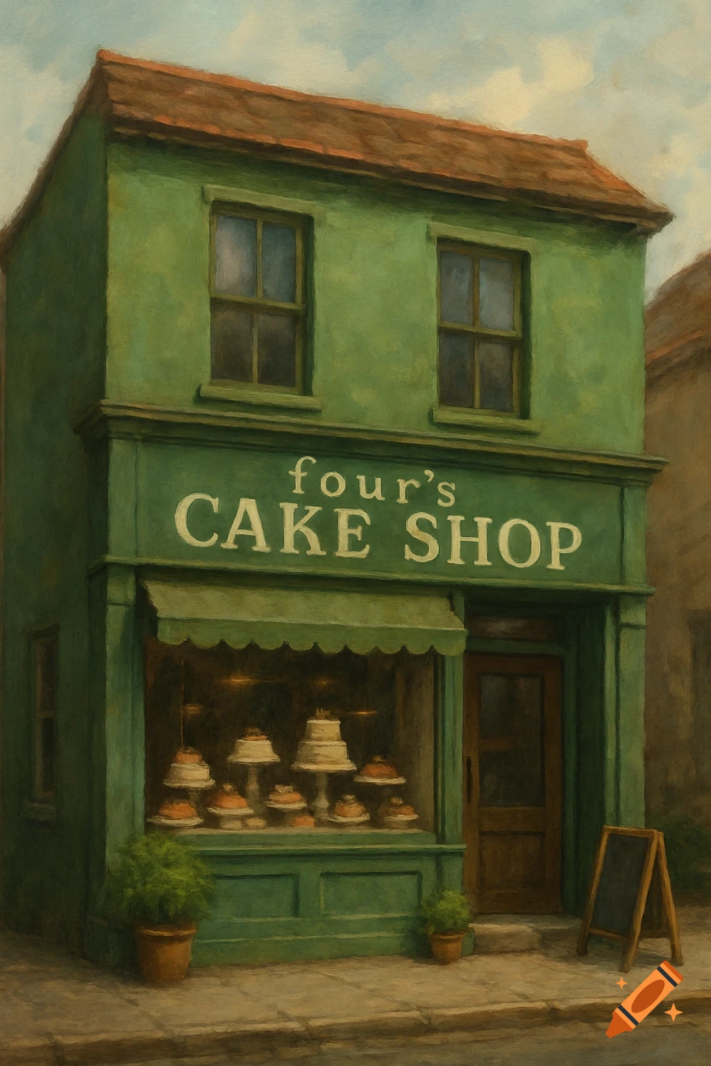 Four's Cake Shop with green building on Craiyon