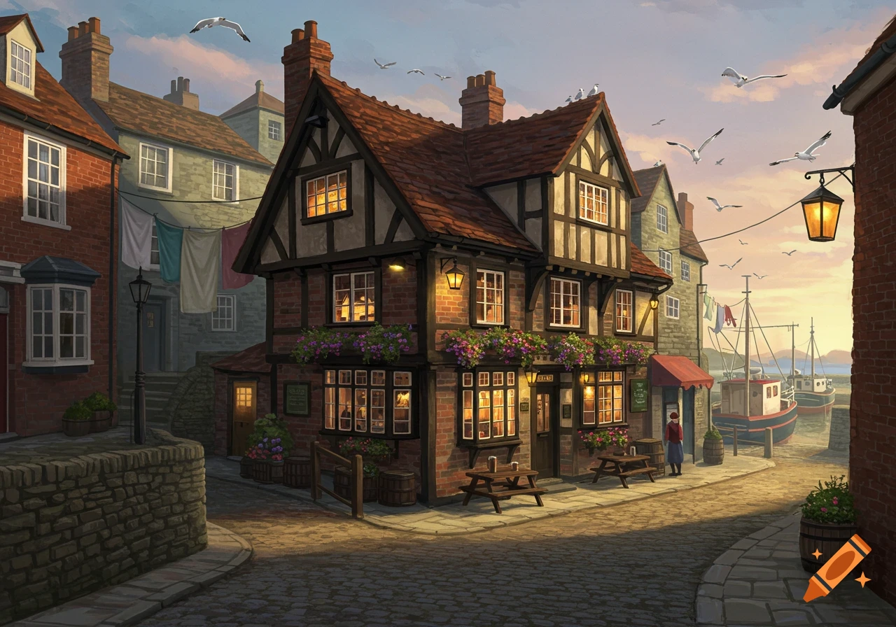 A historic English pub in a seaside village with cobbled streets. on ...