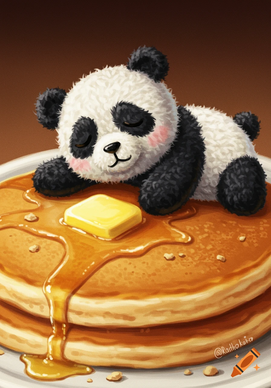 A cute panda sleeping on pancakes with butter and syrup. on Craiyon