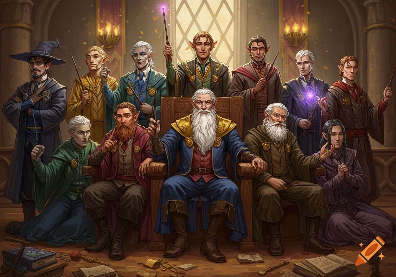 A diverse group of wizards posing for a photo in a grand hall. on Craiyon