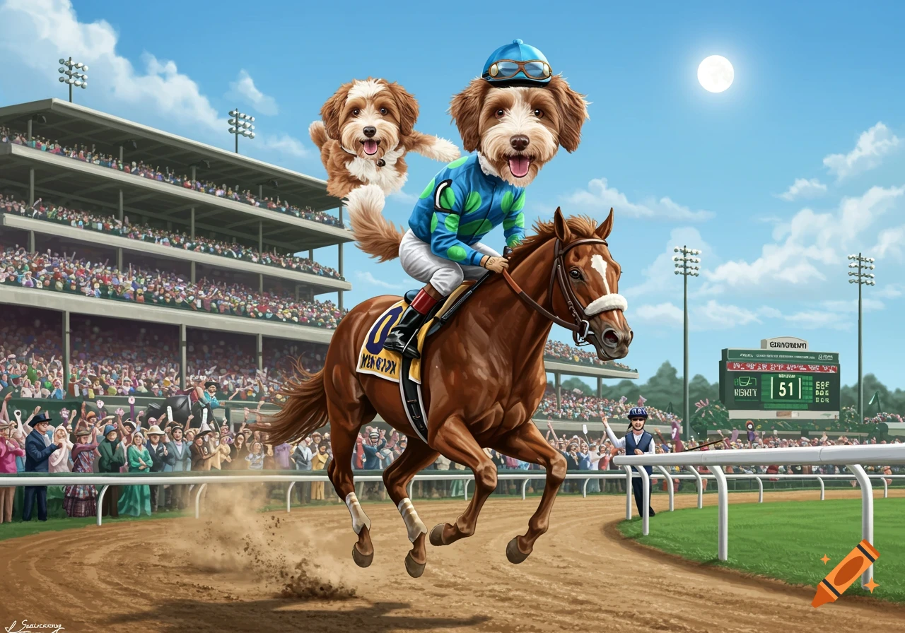 A dog riding a racehorse with another dog floating behind during a race ...