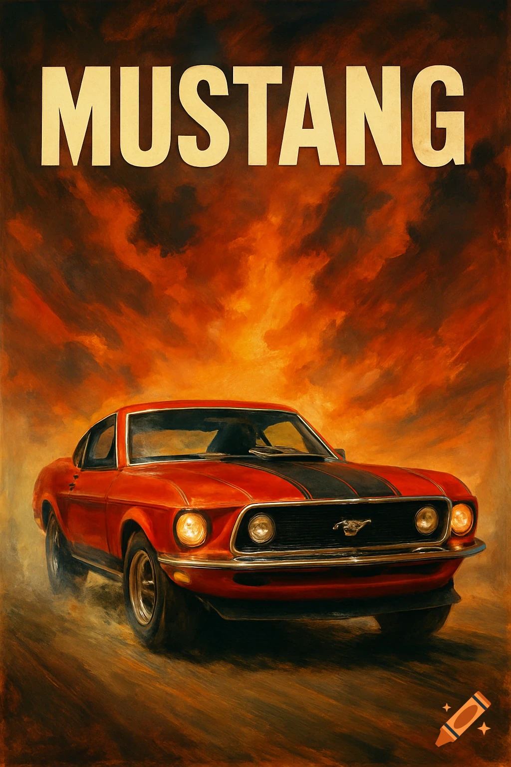 Red Ford Mustang car against an orange sky, with 'MUSTANG' text at the ...