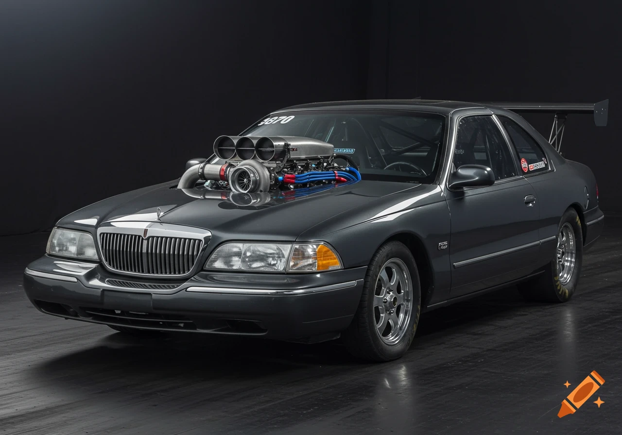 A grey Lincoln Mark VIII drag car with a large supercharger ...