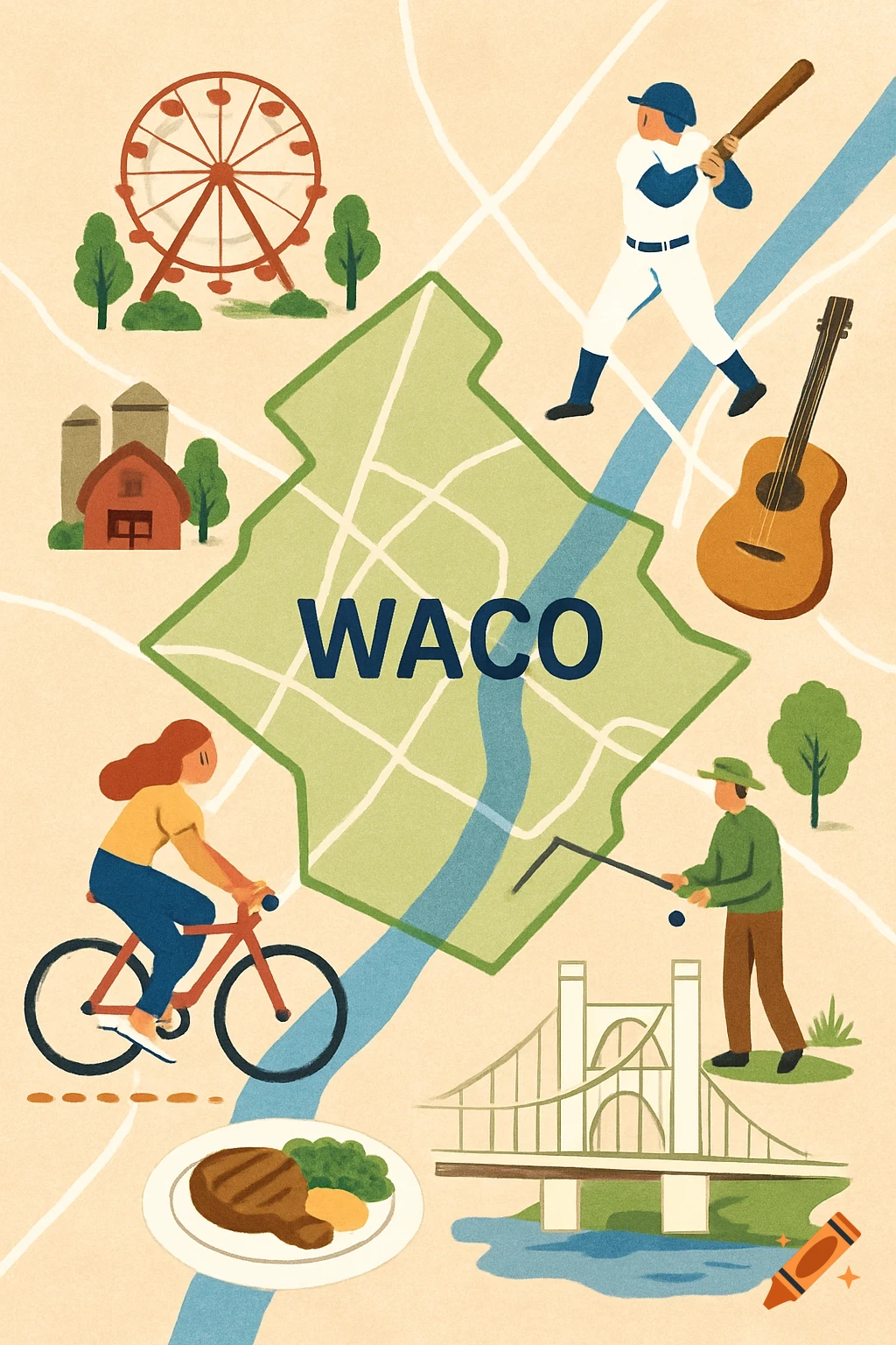 Map of Waco, TX with activity illustrations on Craiyon