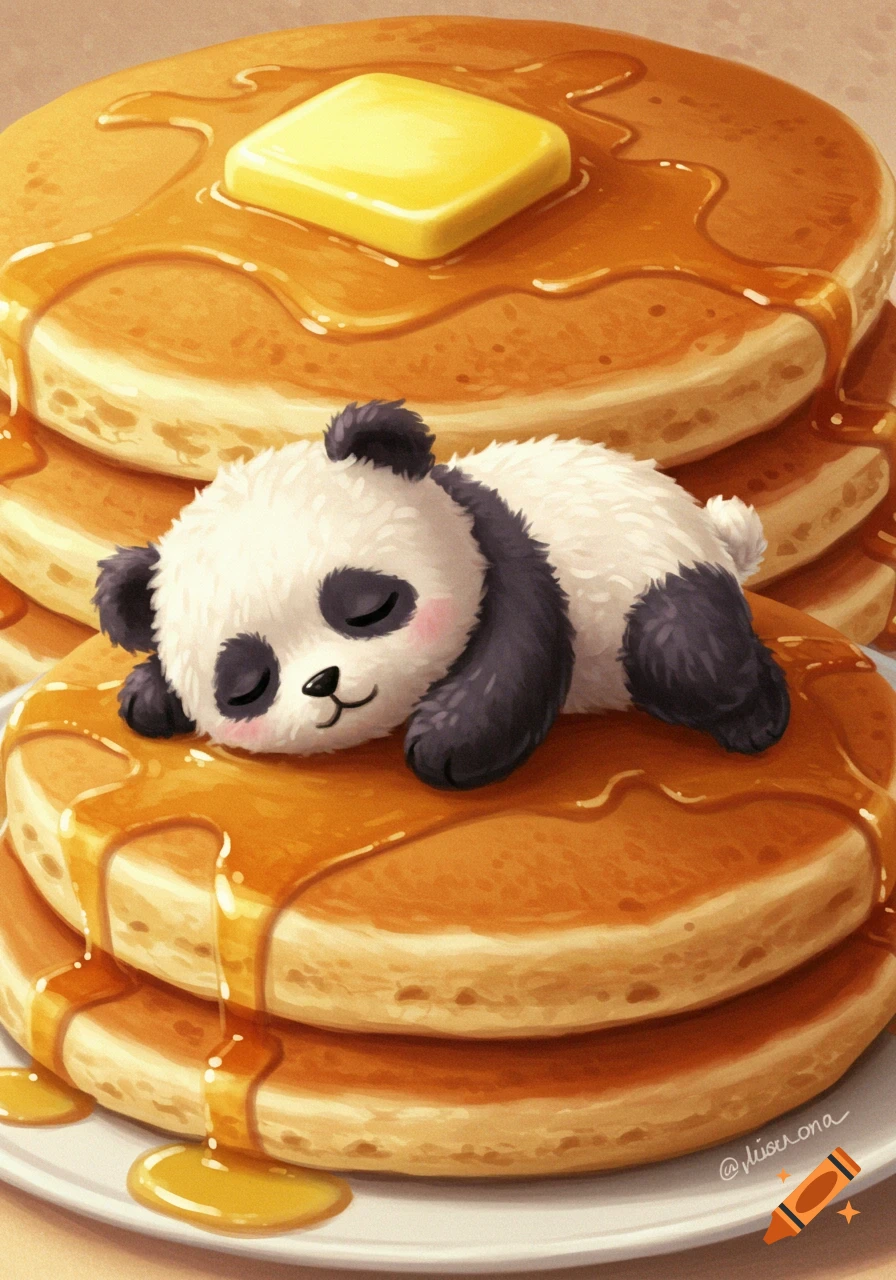 A cute baby panda is sleeping on a stack of pancakes with butter and ...