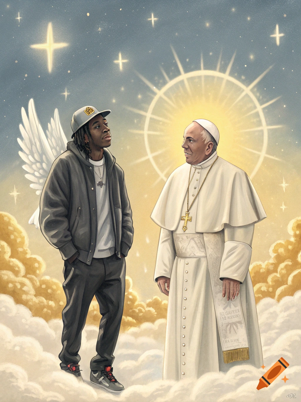 Illustration of a young man in streetwear standing with Pope Francis in ...