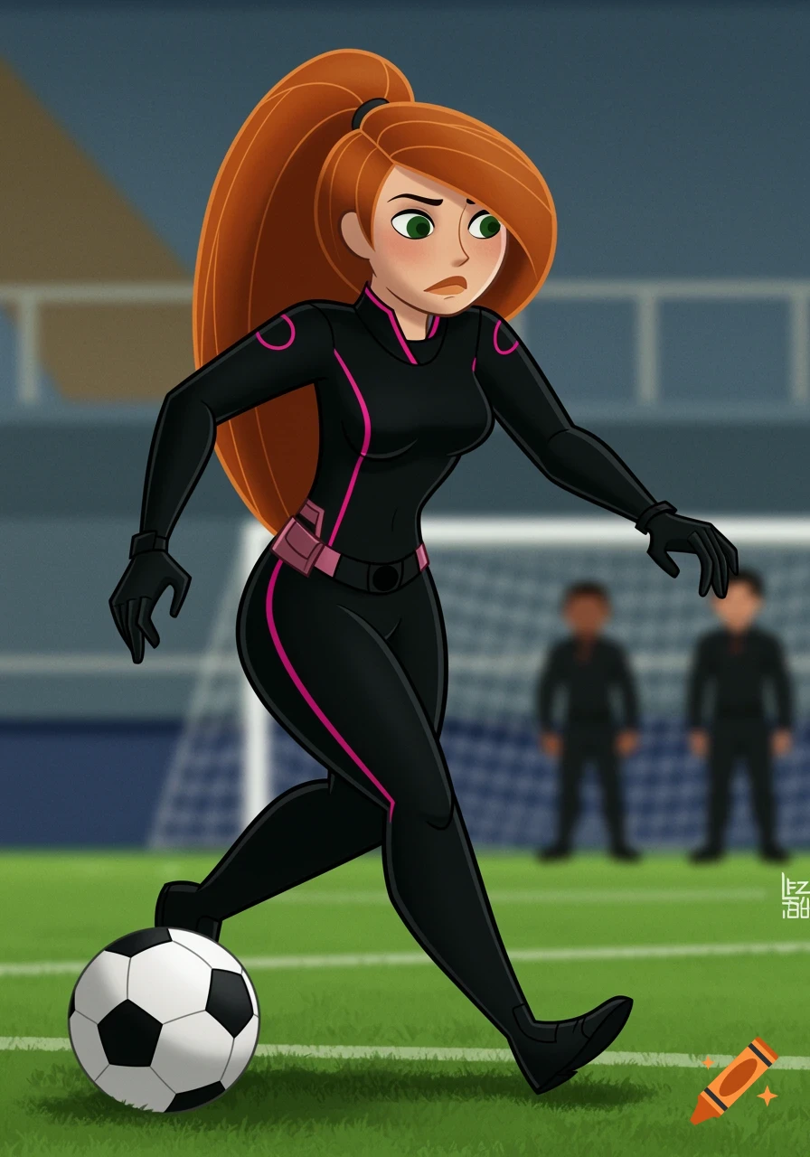 Kim Possible in black and pink suit playing soccer, anime style on Craiyon
