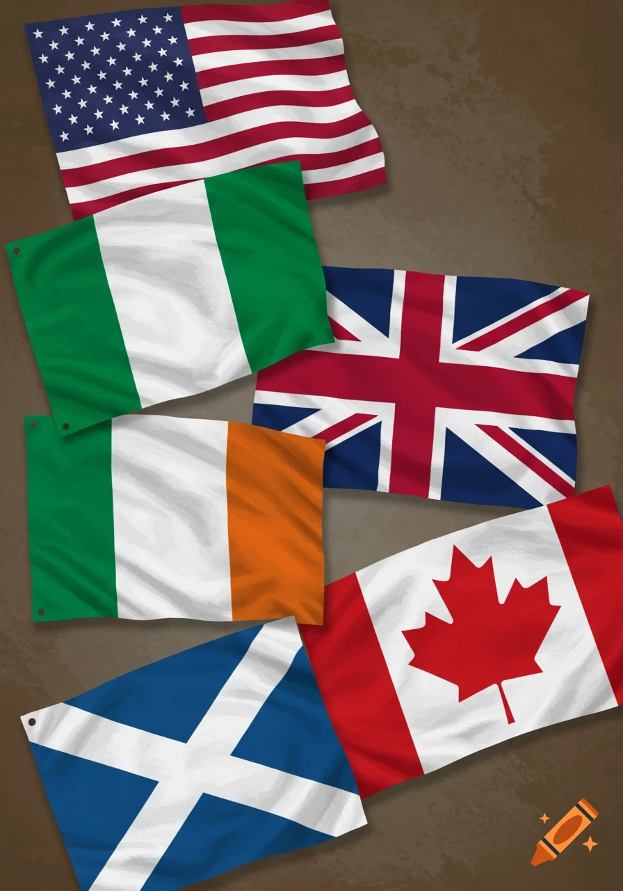 Flags from the USA, Nigeria, Ireland, UK, Canada, and Scotland. on Craiyon