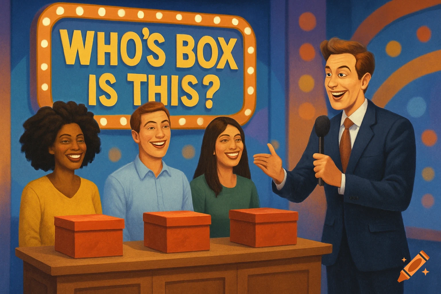 A game show host and contestants stand with boxes under a sign that ...