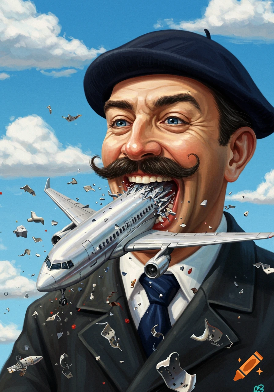 A smiling man in a beret and suit biting into an airplane, which breaks ...