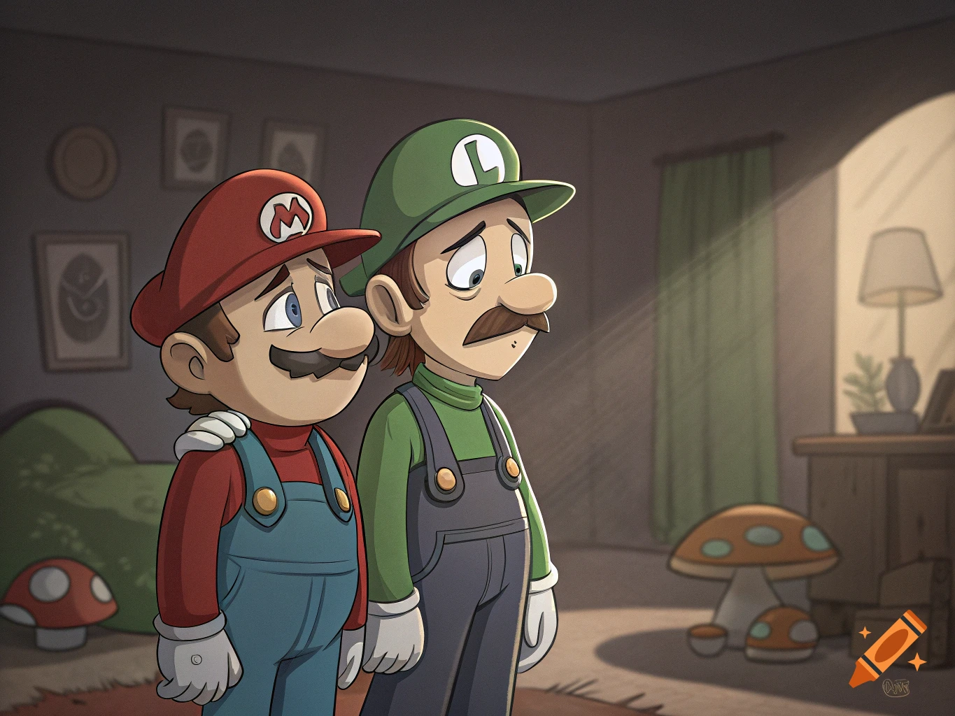 Mario and Luigi mourning the loss of their brother Roy on Craiyon