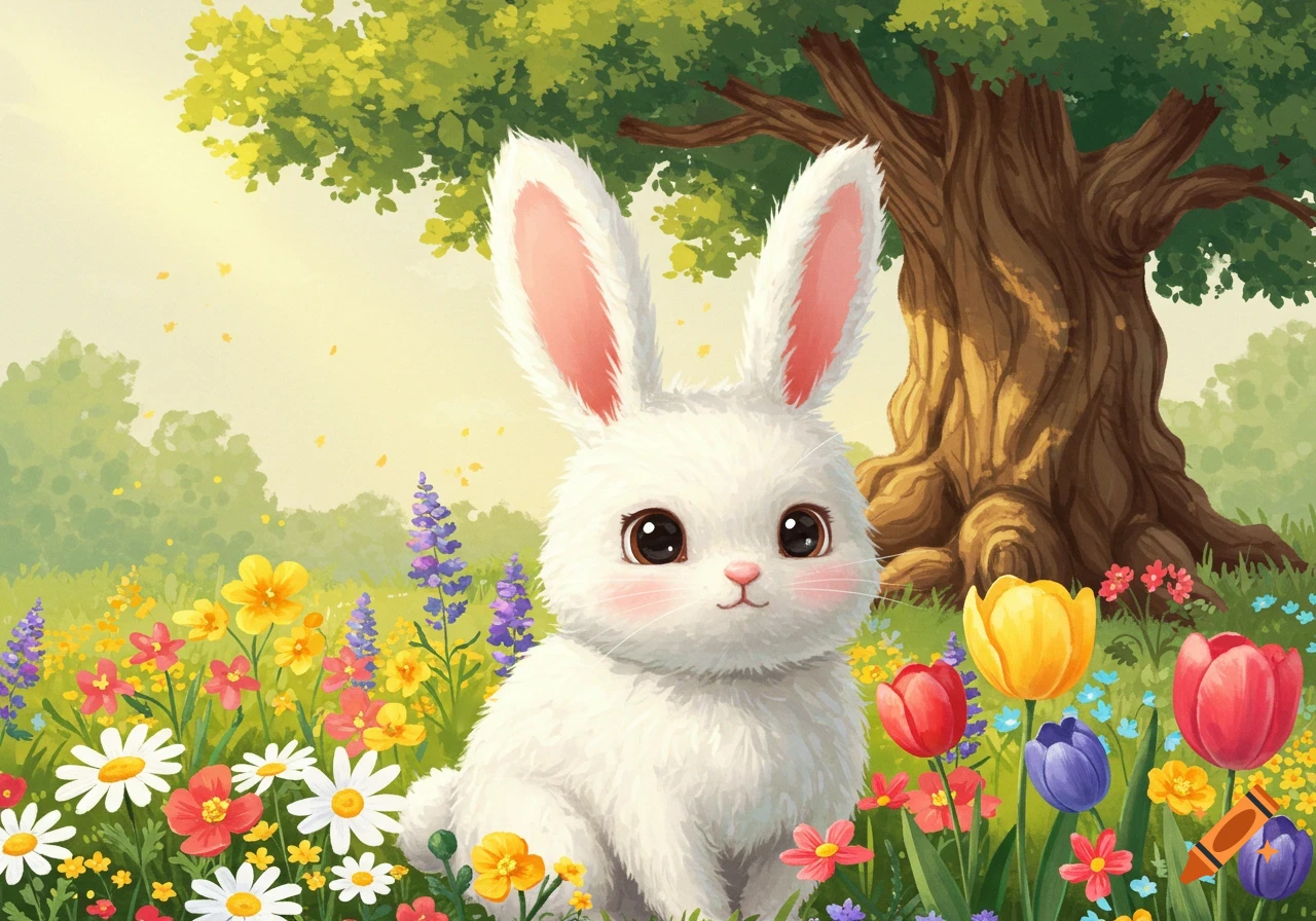 A cute white bunny sits in a lush field filled with colorful flowers ...