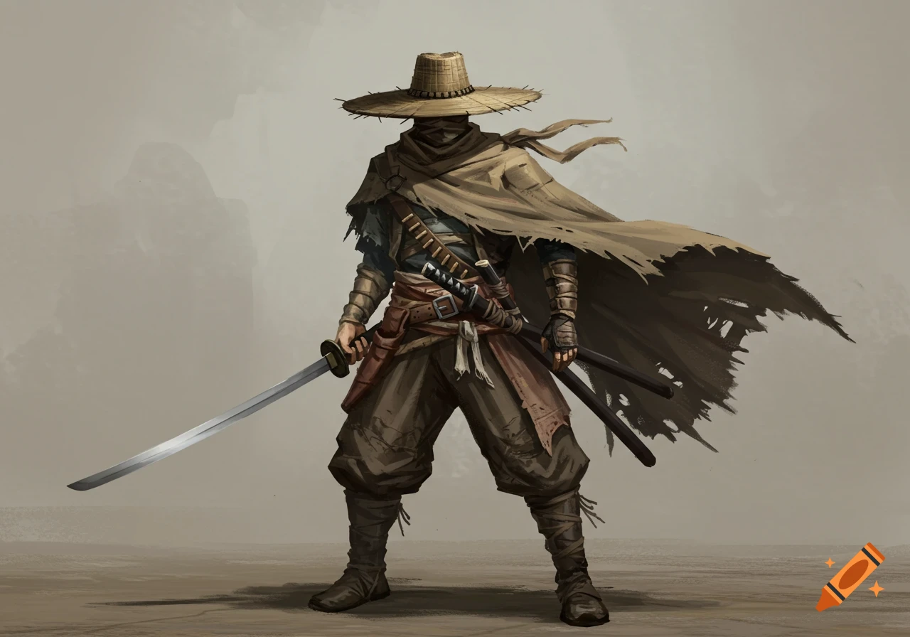 Cowboy samurai with katana, straw hat, poncho, and scarf on Craiyon