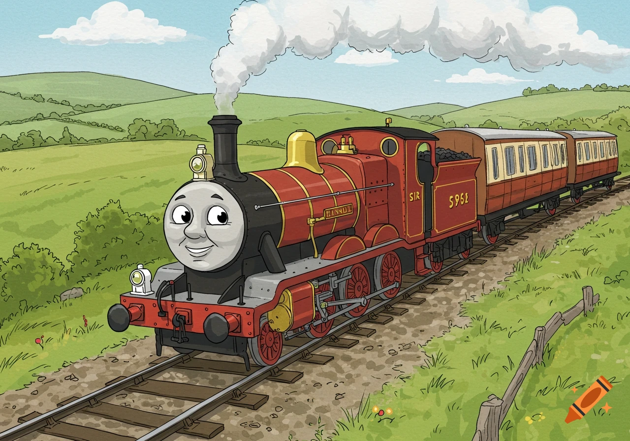 A cartoon style image of a red steam train with a face, pulling ...