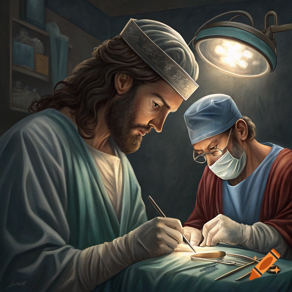 Jesus operating on a hand with Dr. Schuyler Halverson on Craiyon