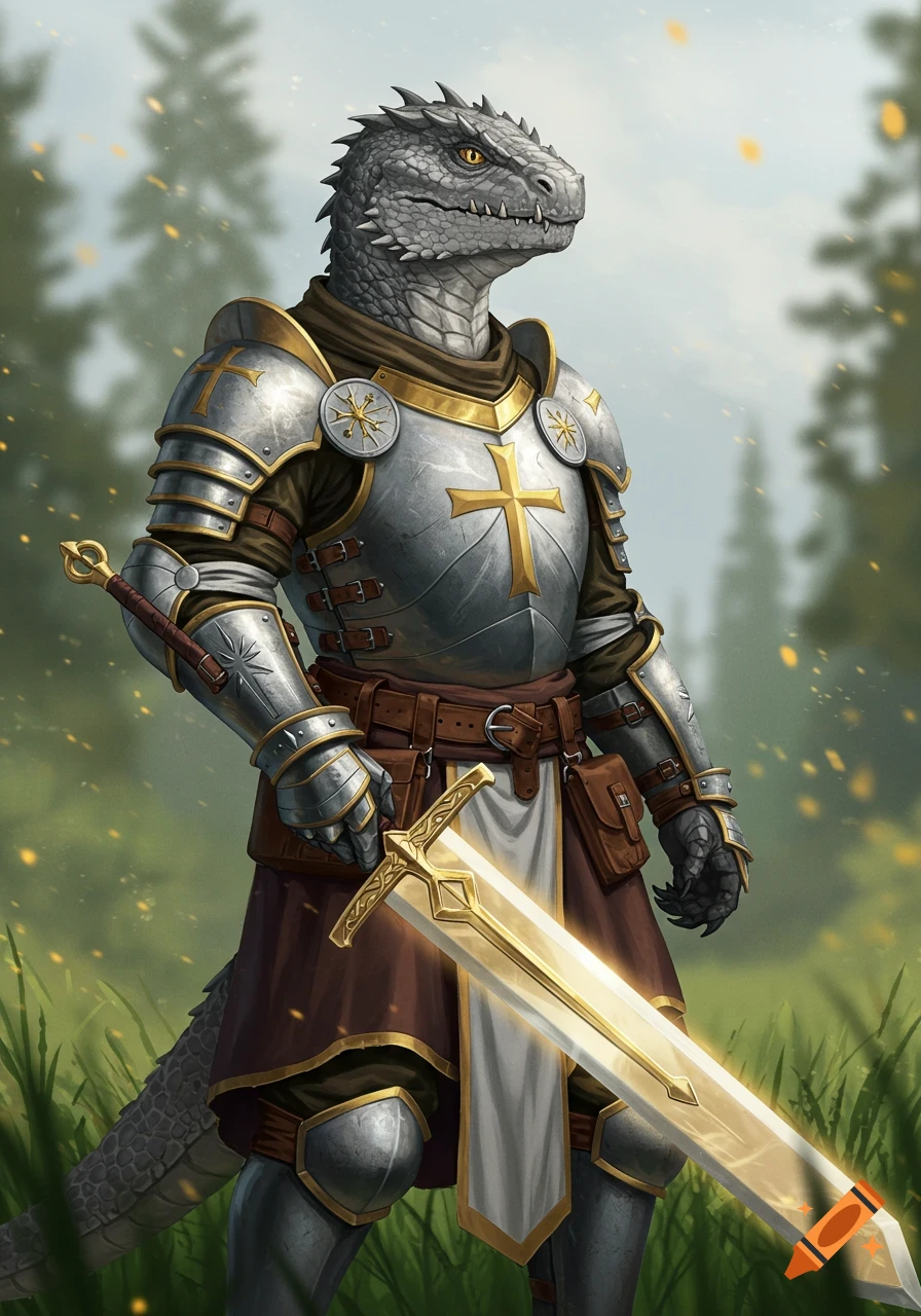 A silver Dragonborn Paladin in ornate armor holds a greatsword in a ...