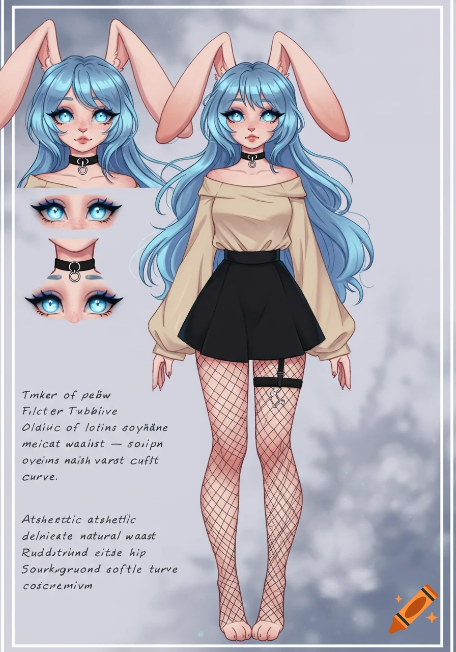 Anthropomorphic rabbit girl character sheet with blue hair, beige shirt ...