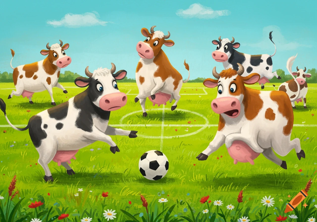 Cartoon illustration of two cows fighting in a grassy field. on Craiyon