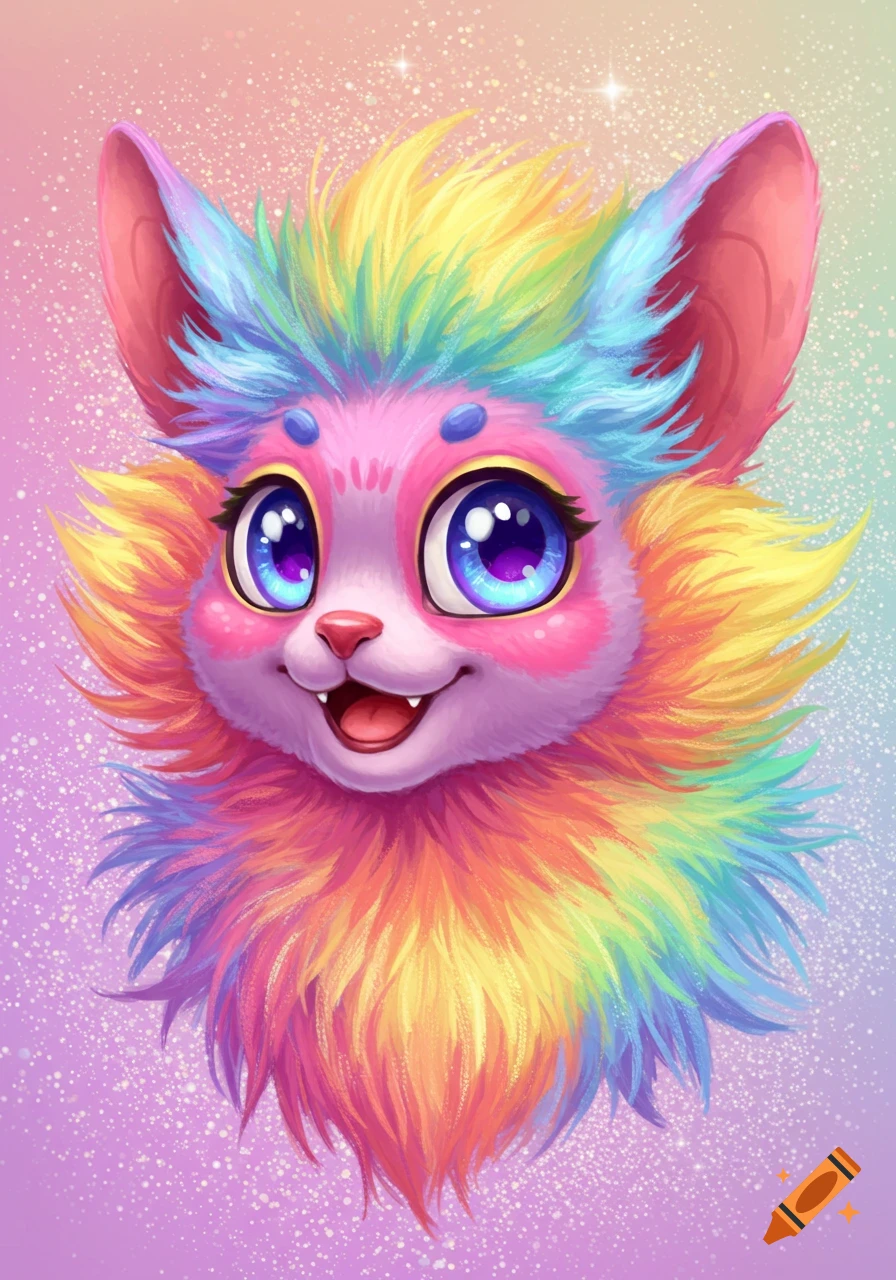 A bright, fluffy fantasy creature with large eyes and a rainbow tail floats in a pink sky. on ...