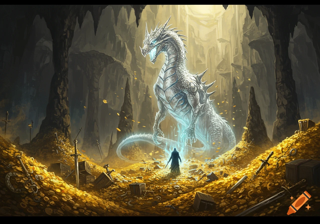 A person faces a large ethereal silver dragon in a cavern filled with ...