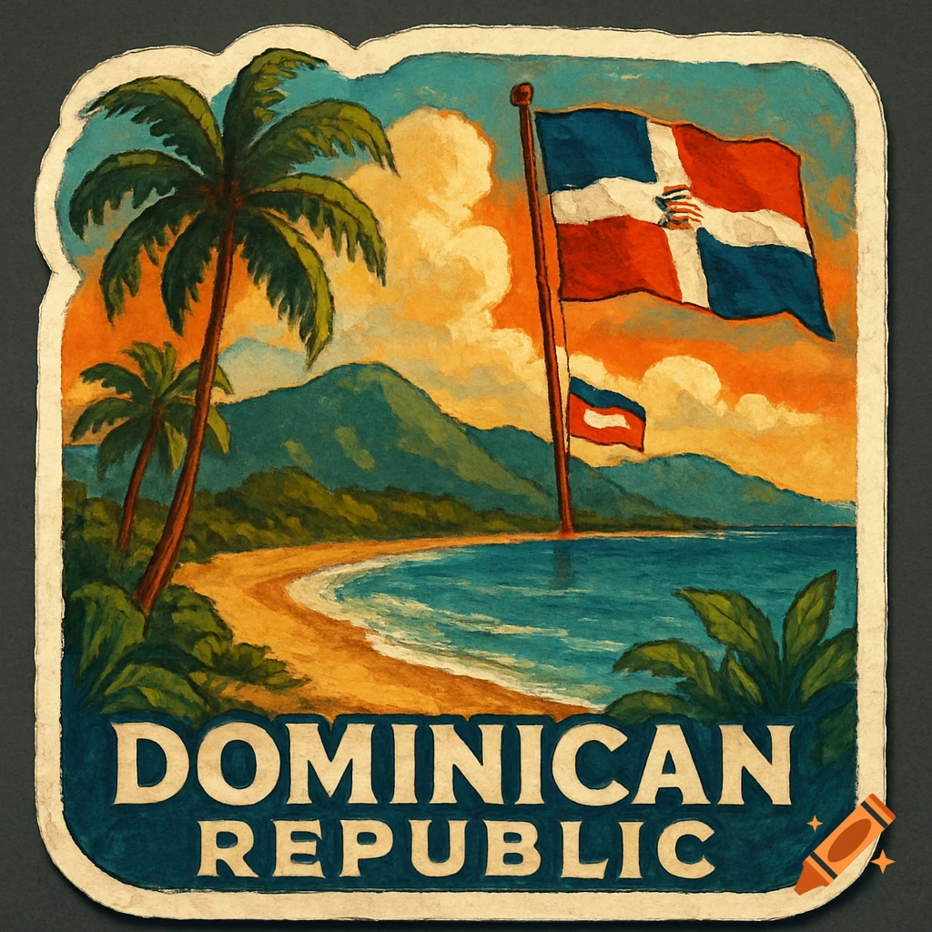 Sticker of a Dominican Republic beach with palm trees, flag, and ...