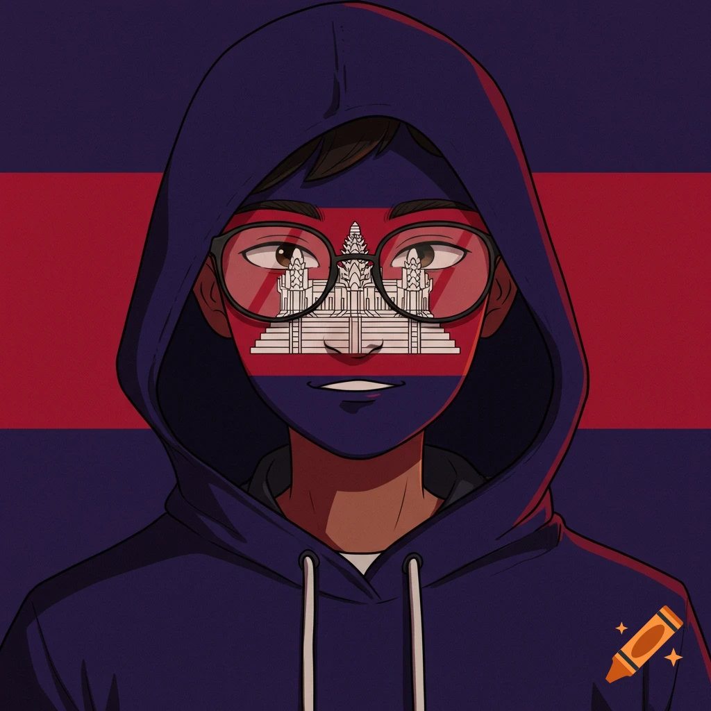 Upbeat Cambodian cartoon character with hoodie and glasses on Craiyon