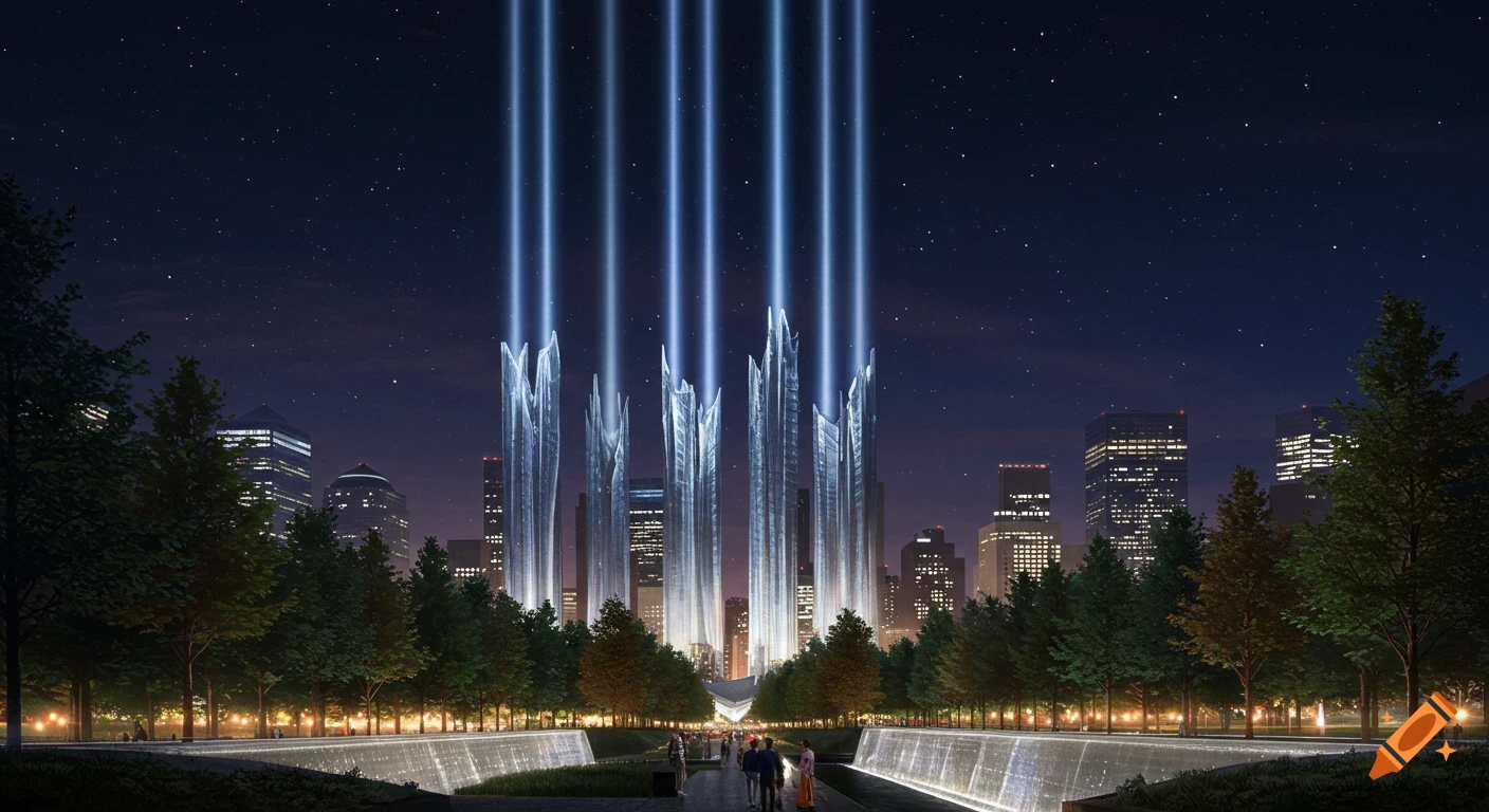 A memorial park at night with trees, water features, and tall abstract ...
