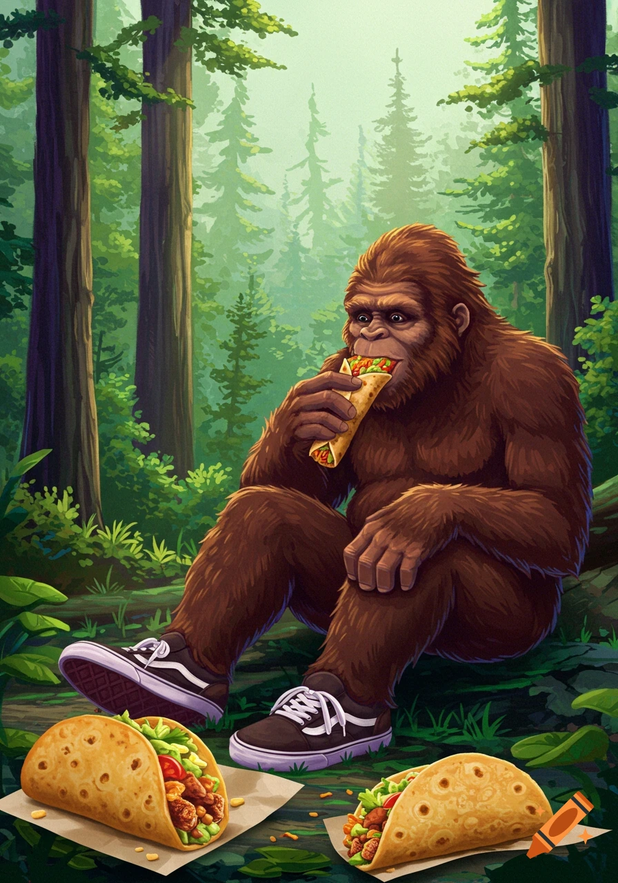 Cartoon illustration of a monkey in a jungle eating a large slice of ...