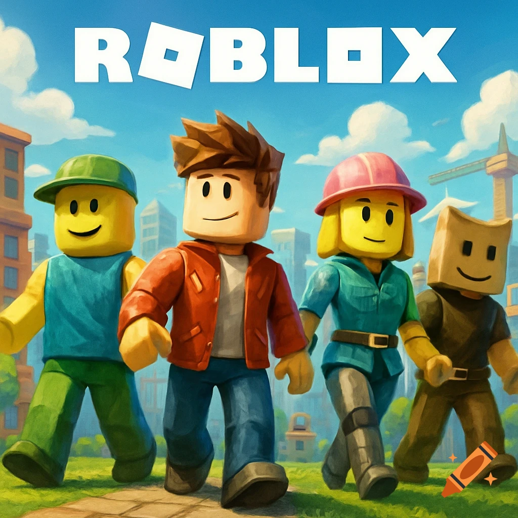 Four cartoon characters resembling Roblox avatars stand in a grassy ...