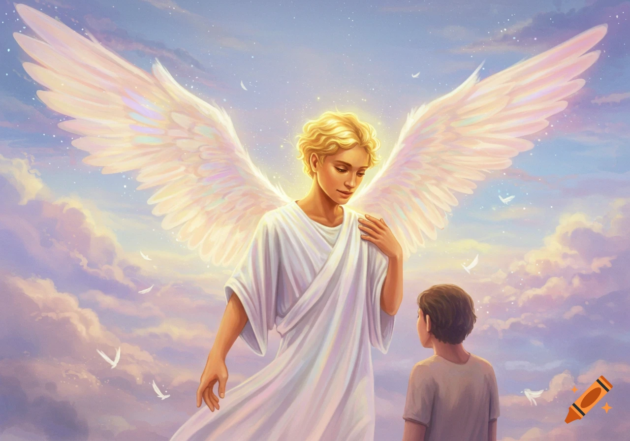 A golden-haired angel with large wings looks down at a small child in a ...