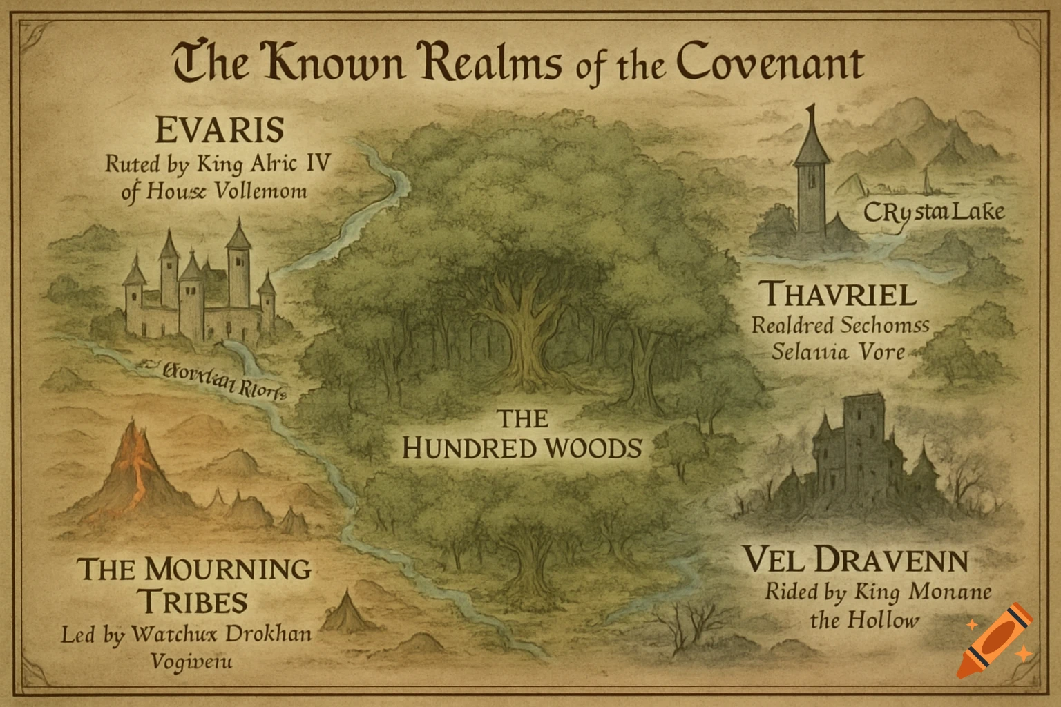 Map of The Known Realms of the Covenant, featuring forests, kingdoms ...