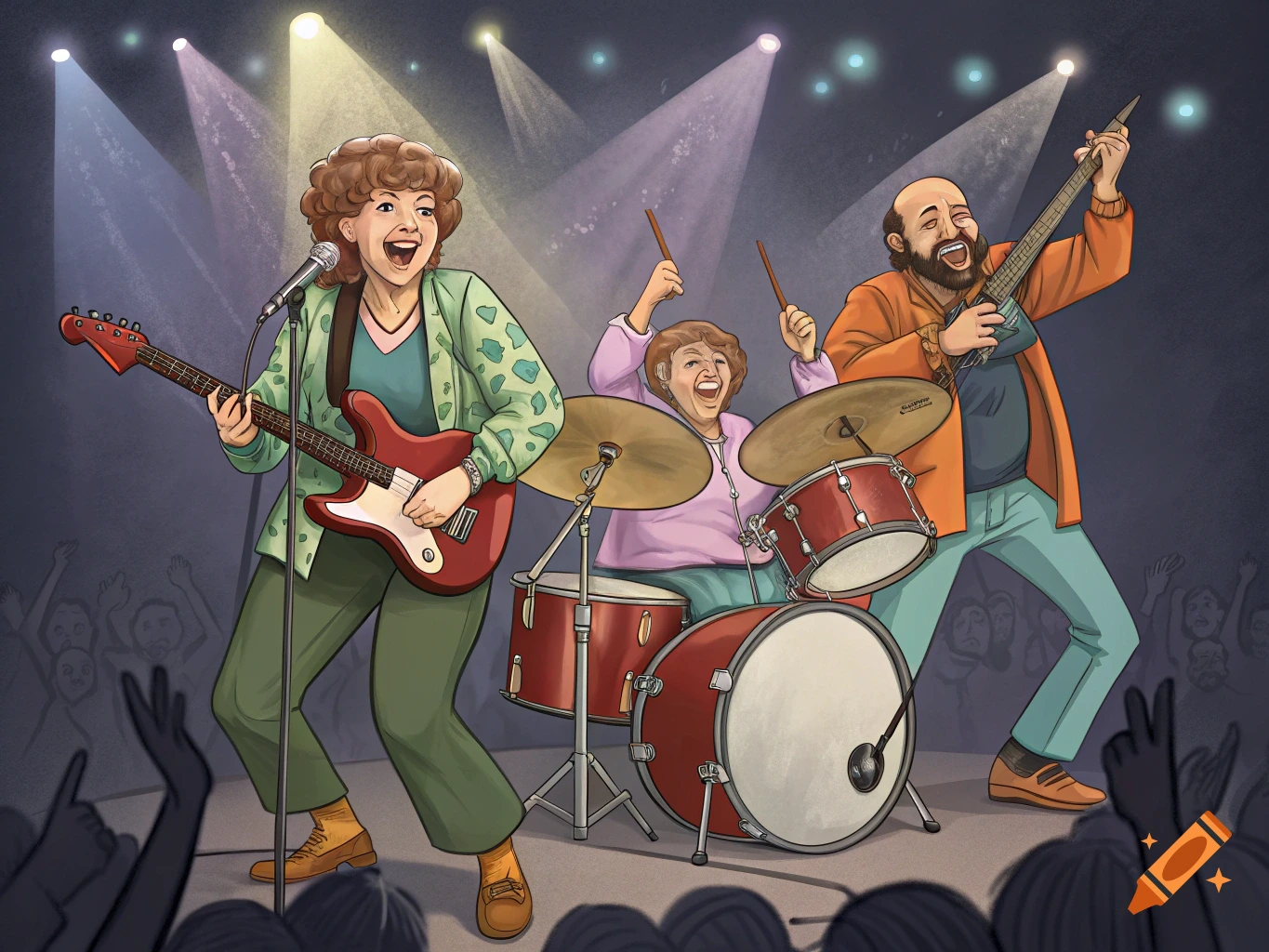 A whimsical cartoon band of eight anthropomorphic potato characters ...