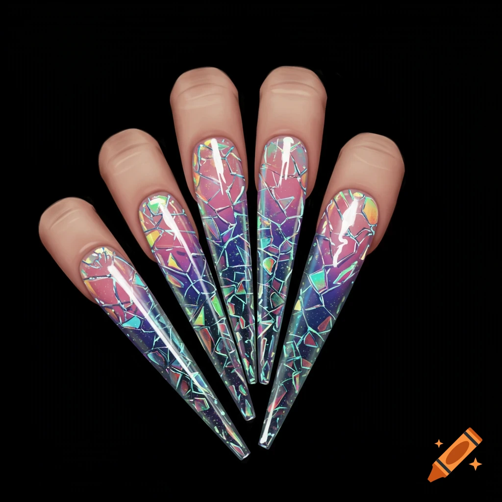 Fingers with long, sharp iridescent shattered glass nails on Craiyon