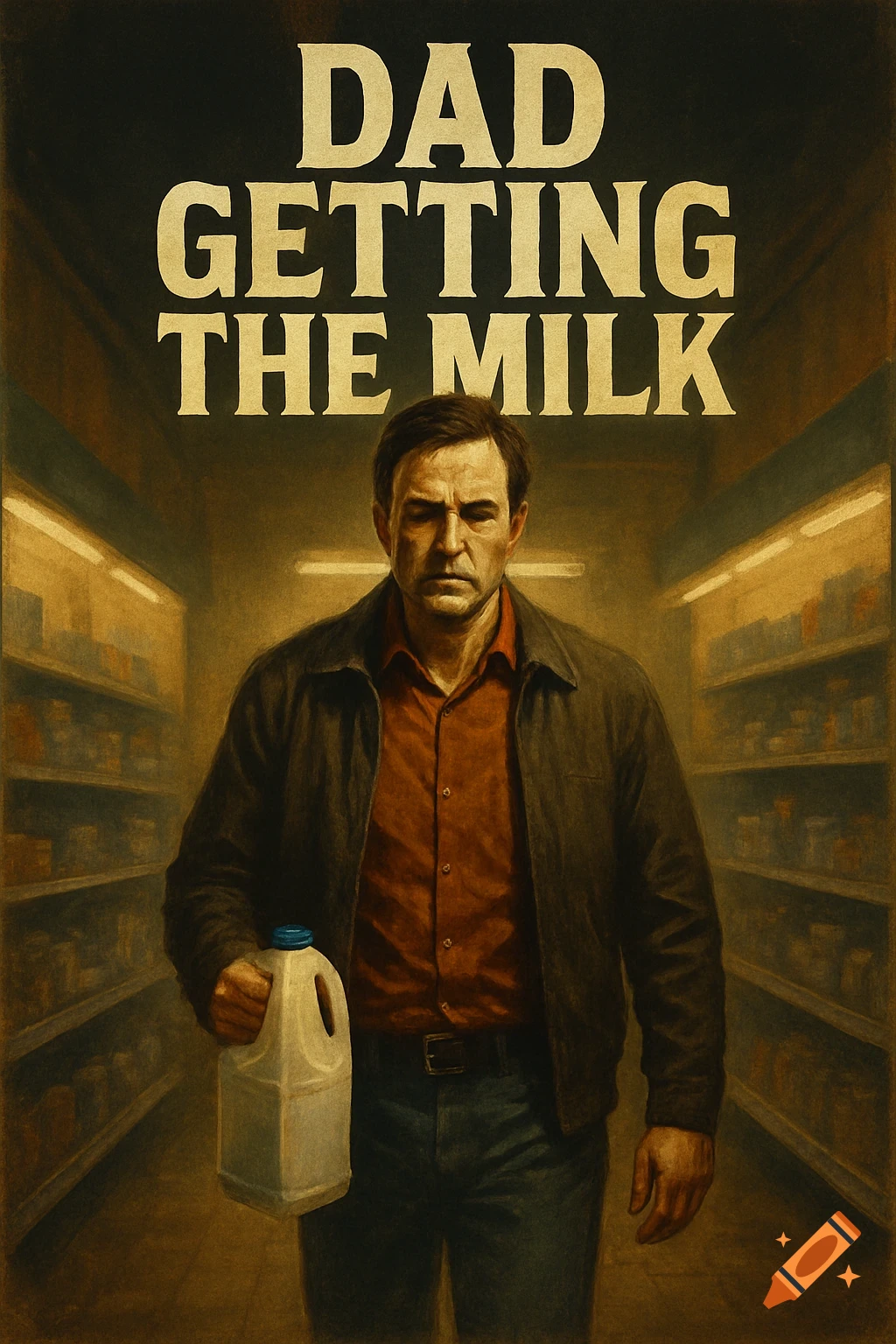 Movie poster for 'Dad Getting The Milk' featuring a stern man holding a ...