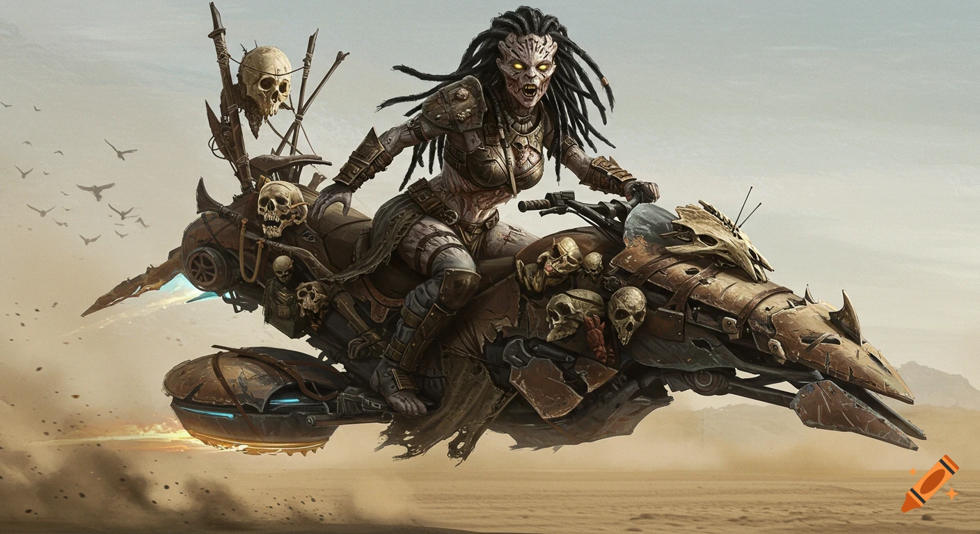A Fierce Alien Creature With Dreadlocks and Glowing Eyes Rides a Skull ...