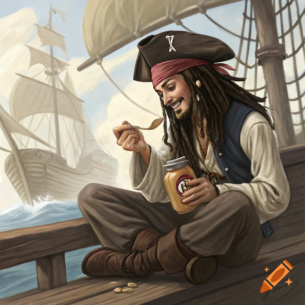 Illustration of a pirate, like Jack Sparrow, sitting on a ship deck ...