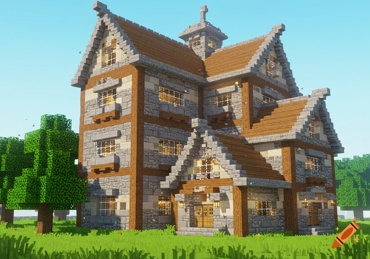 Large Minecraft house made of stone bricks and spruce wood on Craiyon