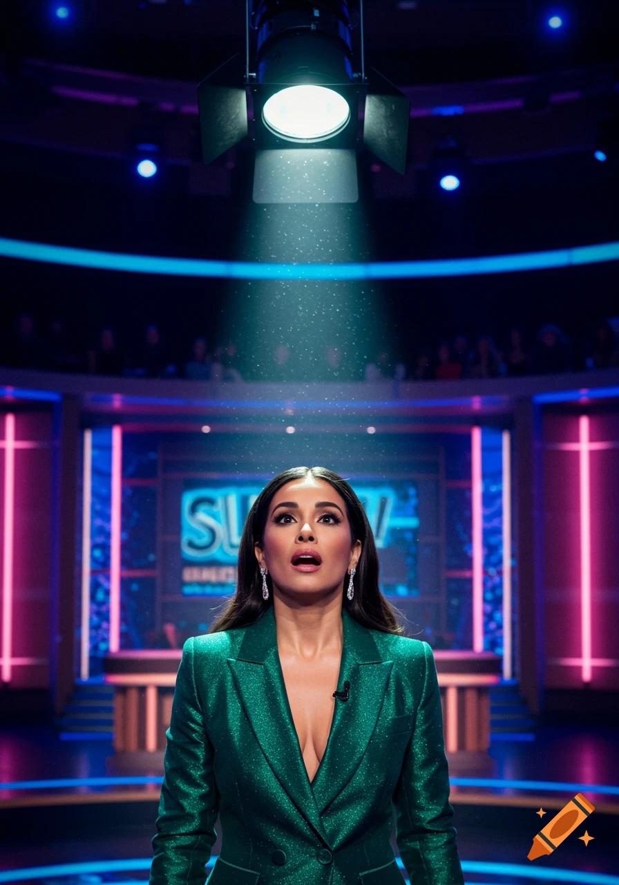 Female talk show host looking up at falling spotlight on Craiyon