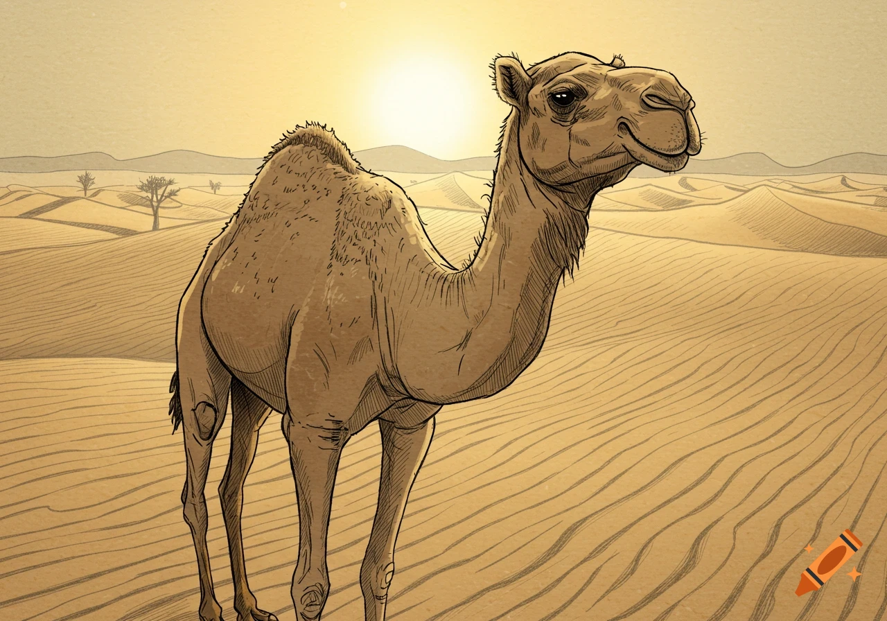 Drawing of a camel in the Sahara on Craiyon