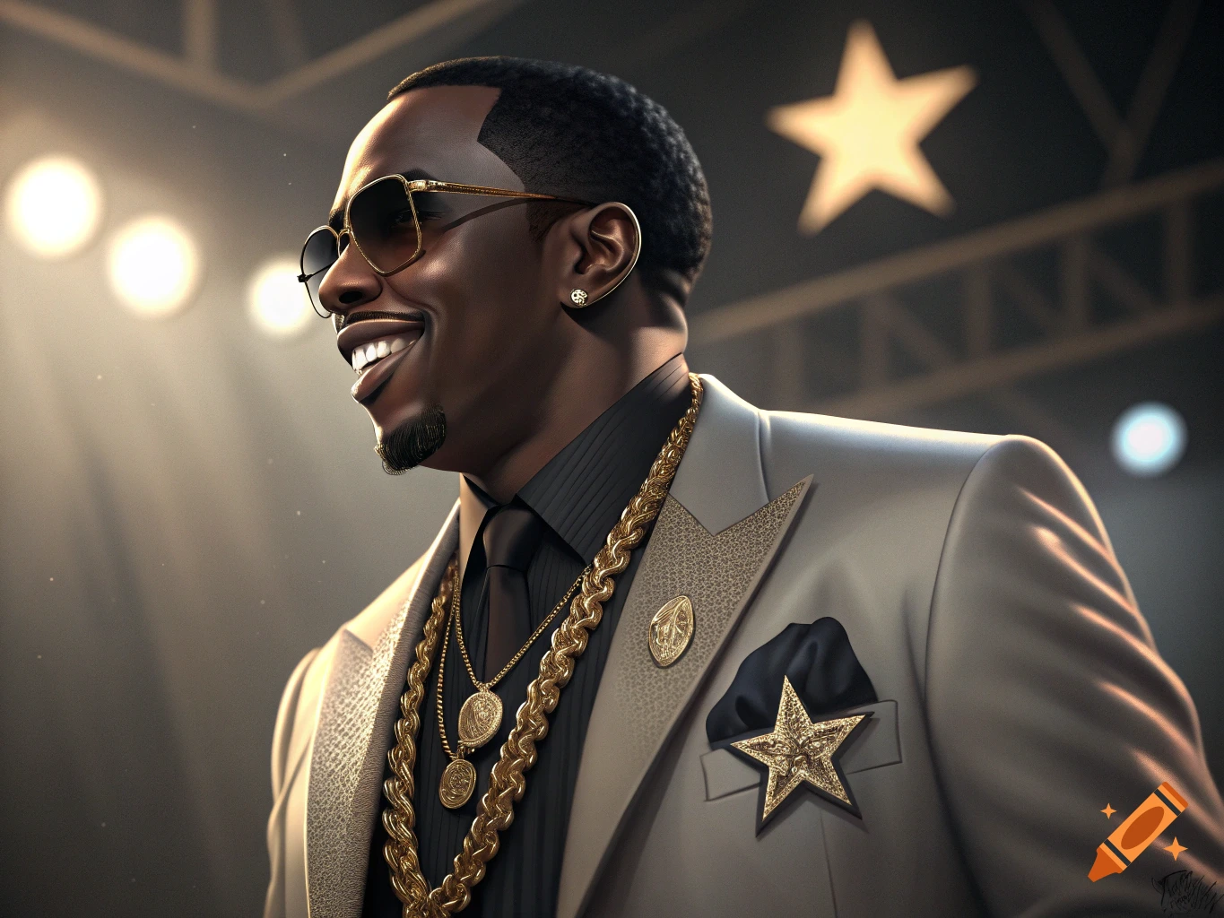 A man in a white suit, fedora, and sunglasses stands by a microphone on ...