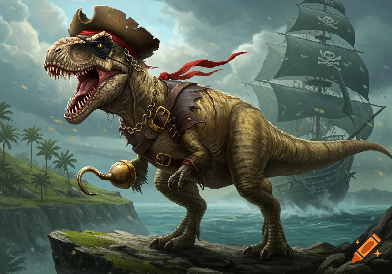 Illustration of a Tyrannosaurus Rex sailing on a wooden raft with a ...